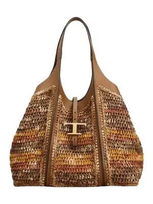 TOD'S Timeless Shopping Bag In Leather And Raffia Medium - Brown