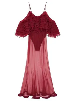 Givenchy Long Ruffled Sheer Knit Dress - Red