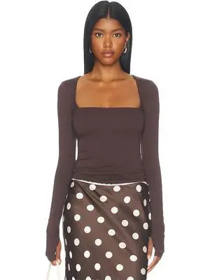 AFRM Ines Knit Crepe Top With Square Neckline And Thumbhole Design - Espresso