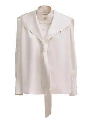 JULIA ALLERT Ivory Satin Sailor Collar Blouse With Front Tie - White