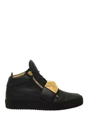 GIUSEPPE ZANOTTI Leather Sneakers With Gold-tone Embellishments - Black