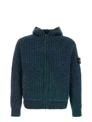 Stone Island STONE ISLAND Mouline Cotton Chenille Hooded Zip-Up Sweater Blue