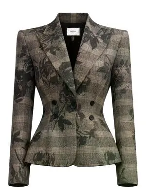 NISSA Single-breasted Fitted Blazer With Floral Print And Checked Pattern - Grey