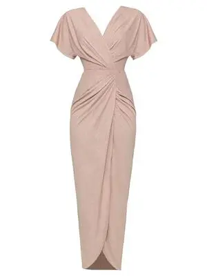 NISSA V-neck Draped Midi Dress - Neutrals
