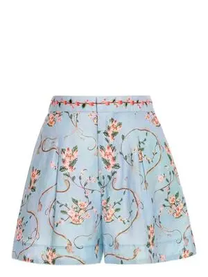 Agua Bendita Maratea Navegante Floral Embroidered Linen Shorts - Blue