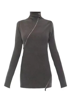 Attico Asymmetric Zip Ribbed Sweater - Grey
