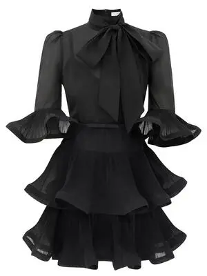 Zimmermann Pleated Tiered Dress With Pussy-bow Collar - Black