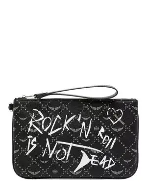 Zadig&Voltaire Grained Leather Clutch Bag With Slogan Print - Black