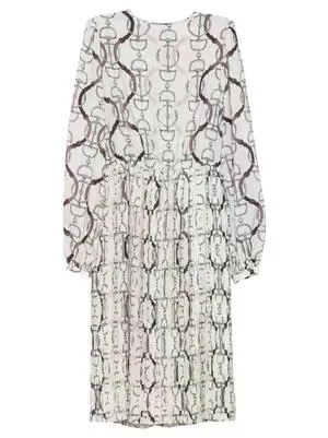 Eleventy Horsebit Print Pleated Midi Dress - Neutrals