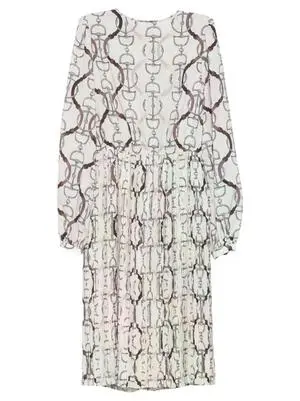 Eleventy Horsebit Print Pleated Midi Dress - Neutrals