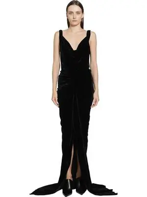 RICK OWENS RICK OWENS Black Velvet Maxi Dress With Deep V-Neckline And Gathered Detailing