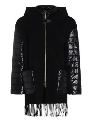Herno Zip-up Hooded Padded Jacket With Fringed Hem - Black