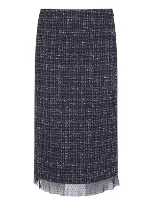 TWINSET Textured Plaid Midi Skirt With Layered Mesh Hem - Black