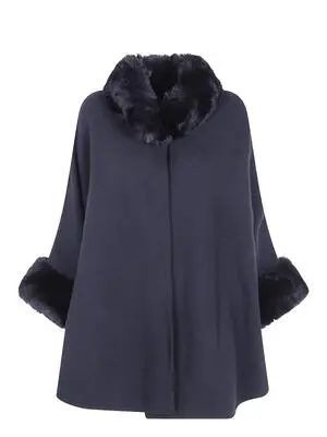 TWINSET Faux Fur Trimmed High Collar Cape Coat - Black