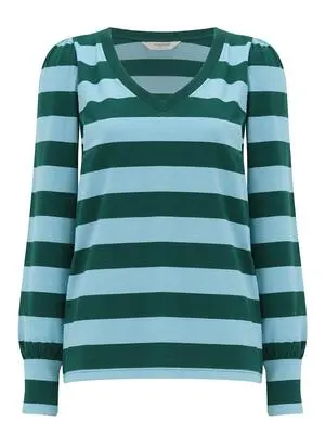 SUGARHILL BRIGHTON Sugarhill Brighton Pamela V-Neck Jersey Top With Striped Design And Ribbed Cuffs