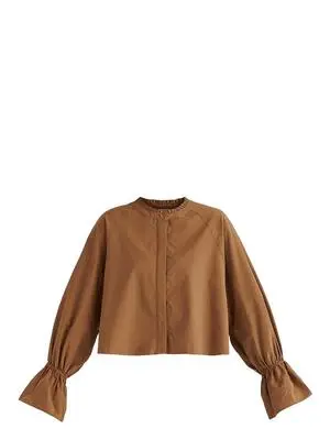 PAISIE Ruffle Round Neck Blouse With Cinch Wrist Detail - Brown
