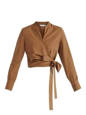 PAISIE Split Collarless Wrap Top With Side-tie Waist - Brown