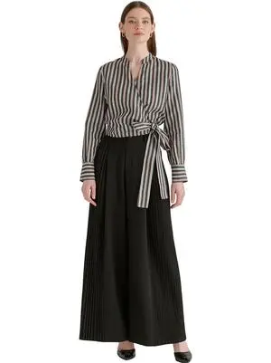 PAISIE Split Collarless Wrap Top With Side-tie Waist In Stripes - Black