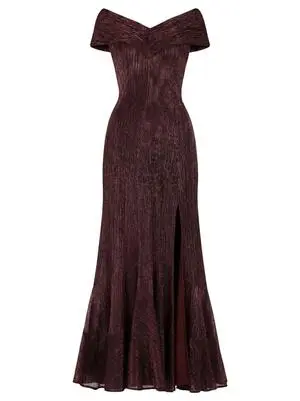 LUNA FASHION HOUSE Burgundy Off-shoulder Metallic Pleated Gown With Fishtail Hem - Red