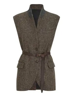 Brunello Cucinelli Wool-blend Sleeveless Blazer With Belt - Brown