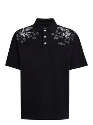 Amiri Cotton Floral-embroidered Polo Shirt - Black