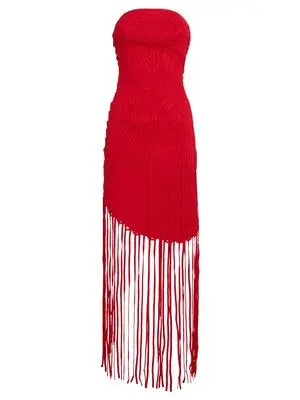 Cult Gaia Embroidered Strapless Maxi Dress With Fringe - Red