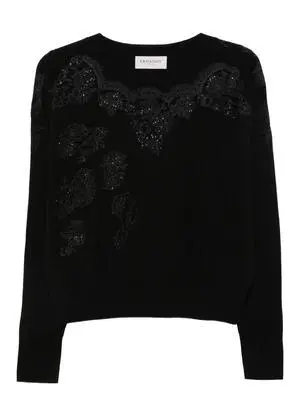 ERMANNO FIRENZE Sequin And Lace Embellished Crew Neck Sweater - Black