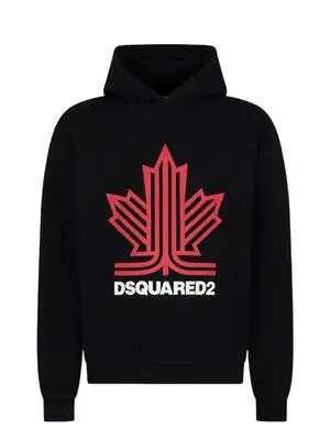 Dsquared2 Cotton Jersey Hooded Sweatshirt With Maple Leaf Print - Black