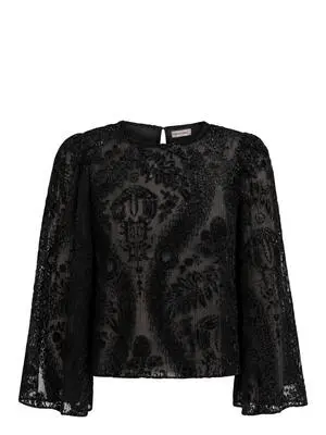 TRAFFIC PEOPLE Cecilia Tallis Sheer Floral Embroidered Cropped Top - Black