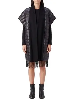 Herno Long Quilted Wool And Cashmere Blend Gilet With Shawl Collar And Fringe Hem - Black
