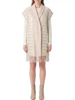 Herno Long Quilted Wool And Cashmere Blend Gilet With Shawl Collar And Fringe Hem - Pink