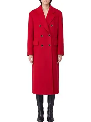 Pinko Double-breasted Long Coat In Wool Blend - Red