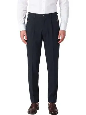 PT TORINO Pleated Slim Fit Stretch Viscose Blend Trousers - Blue