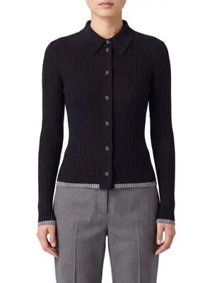 ROBERTO COLLINA Slim Fit Ribbed Merino Wool Polo Cardigan - Black