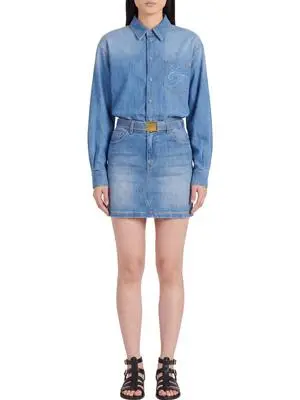 Elisabetta Franchi Stretch Denim Mini Shirtdress With Embroidered Logo - Blue