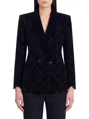 Balmain Double-breasted Velvet Blazer With Floral Embroidery And Shawl Collar - Black