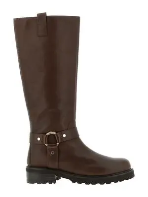TWINSET Knee-high Leather Biker Boots With Lug Sole - Brown