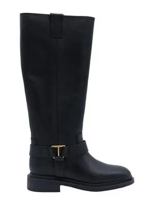 TWINSET Knee-high Smooth Leather Biker Boots - Black