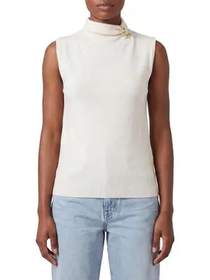 Alberta Ferretti Alberta Ferretti Sleeveless Silk And Cashmere Mock Neck Top With Studs White