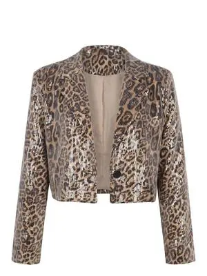 MODENAIRE Modenaire Cropped Leopard Print Sequin Blazer Brown