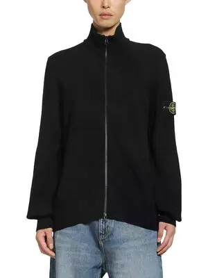 Stone Island Logo Patch Zip-up Cardigan - Black