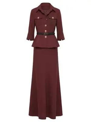 SELF-PORTRAIT Belted Peplum Maxi Dress - Brown