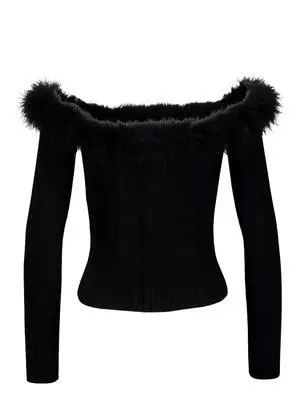 Gucci Ribbed Knit Off-shoulder Sweater With Feather Trim - Black