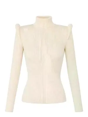 Elisabetta Franchi Ribbed Knit Turtleneck Top With 3d Shoulder Detail - Neutrals