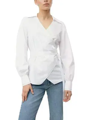 BOSS Regular-fit Cotton Poplin Blouse With Wrap Front And Tie Detail - White