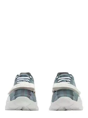 Burberry Check And Leather Lace-up Sneakers - Blue