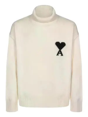 AMI Paris De Coeur Intarsia Knit Wool Sweater - Neutrals