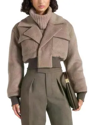 Manière De Voir Manière De Voir Taupe Wool Cropped Bomber Jacket With Wide Lapels Neutrals
