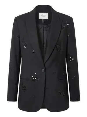NISSA Sequin Embellished Floral Appliqué Blazer - Black
