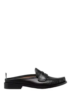 Thom Browne Calf Leather Pleated Varsity Loafer Mules - Black